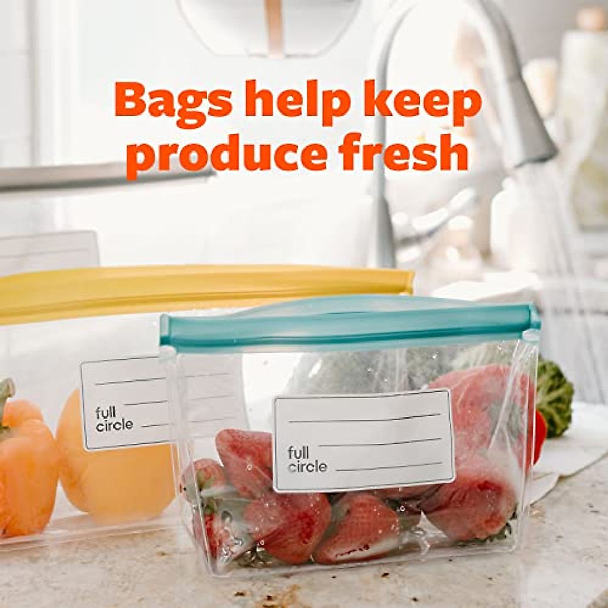 Full Circle Ziptuck Reusable Produce Bags - Set of 3 BPA-Free Food Storage Bags Includes Fruit Bag, Stalks Bag and Large Veggie Bag - Leakproof Ziplock Seal Food Saver Bags