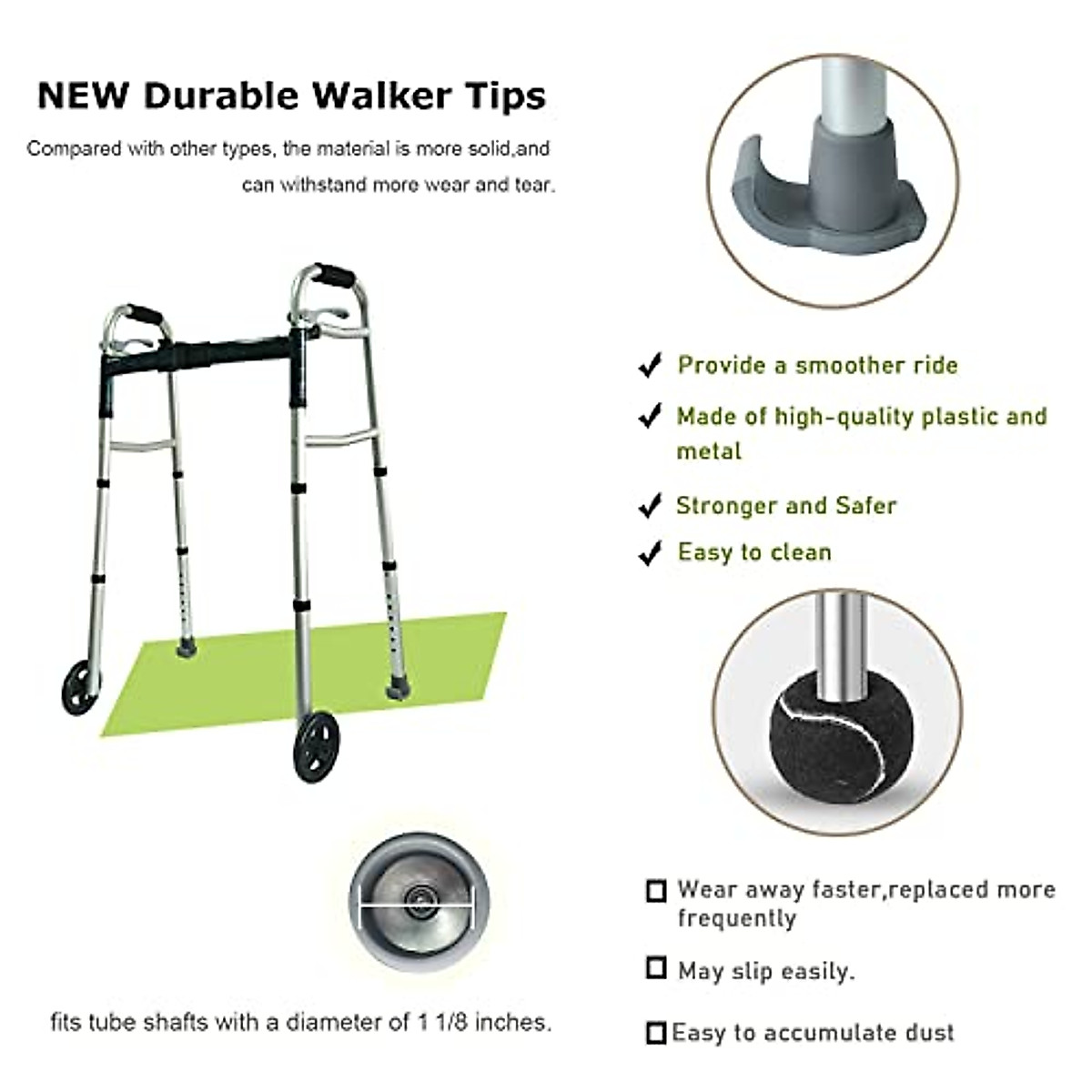 Aliseniors Walker Glide Skis for 1 1/8 Inch Tubes - Durable and Smooth Rolling Mobility Aid Accessory for Folding Walkers - Universal Fit Walker Feet Replacement, One Pair, Gray