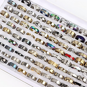 juanmaojuan 50Pcs/Lot Fashion Stainless Steel Heart Rhinestone Band Rings For Women Men Mix Style Party Jewelry Wholesale (Mix Size 7-12)