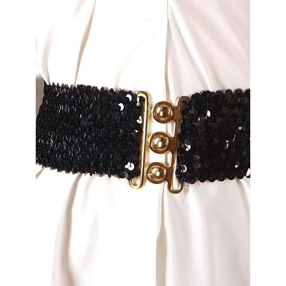 Anna-Kaci Women's Sparkly Glitter Sequin Wide Stretch Elastic Belt Accessory,Black,One Size