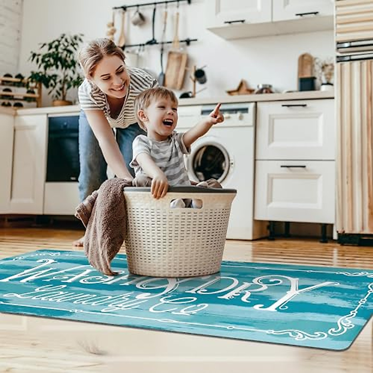 KOZYFLY Laundry Room Rug Runner 20"x60" Non Slip Laundry Rug Kitchen Rugs Washable Laundry Room Mat Waterproof Mudroom Floor Carpet Runner Bathroom Laundry Room Decor Farmhouse Rugs, 2x5, Teal