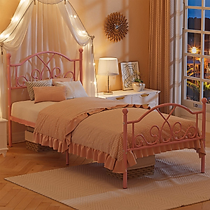 Weehom Twin Bed Frames, Modern Twin Size Metal Bed Frames for Kids Girls, No Box-Spring Needed Twin Platform Bed Frame with Unique Headboard and Footboard, 11.23 Inches Storage Space - Pink