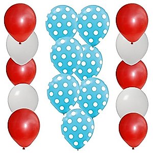 30 pc Dr Seuss Cat in the Hat Party Balloon Kit: 12 Red 12 White 6 Blue w White Dot Latex