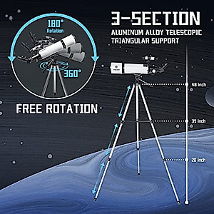 Telescope 80mm Aperture 600mm - for Beginners & Adults Astronomical Refracting Telescopes AZ Mount Tripod Fully Multi-Coated Optics 24X-180X High Magnification, with Wireless Control, Carrying Bag