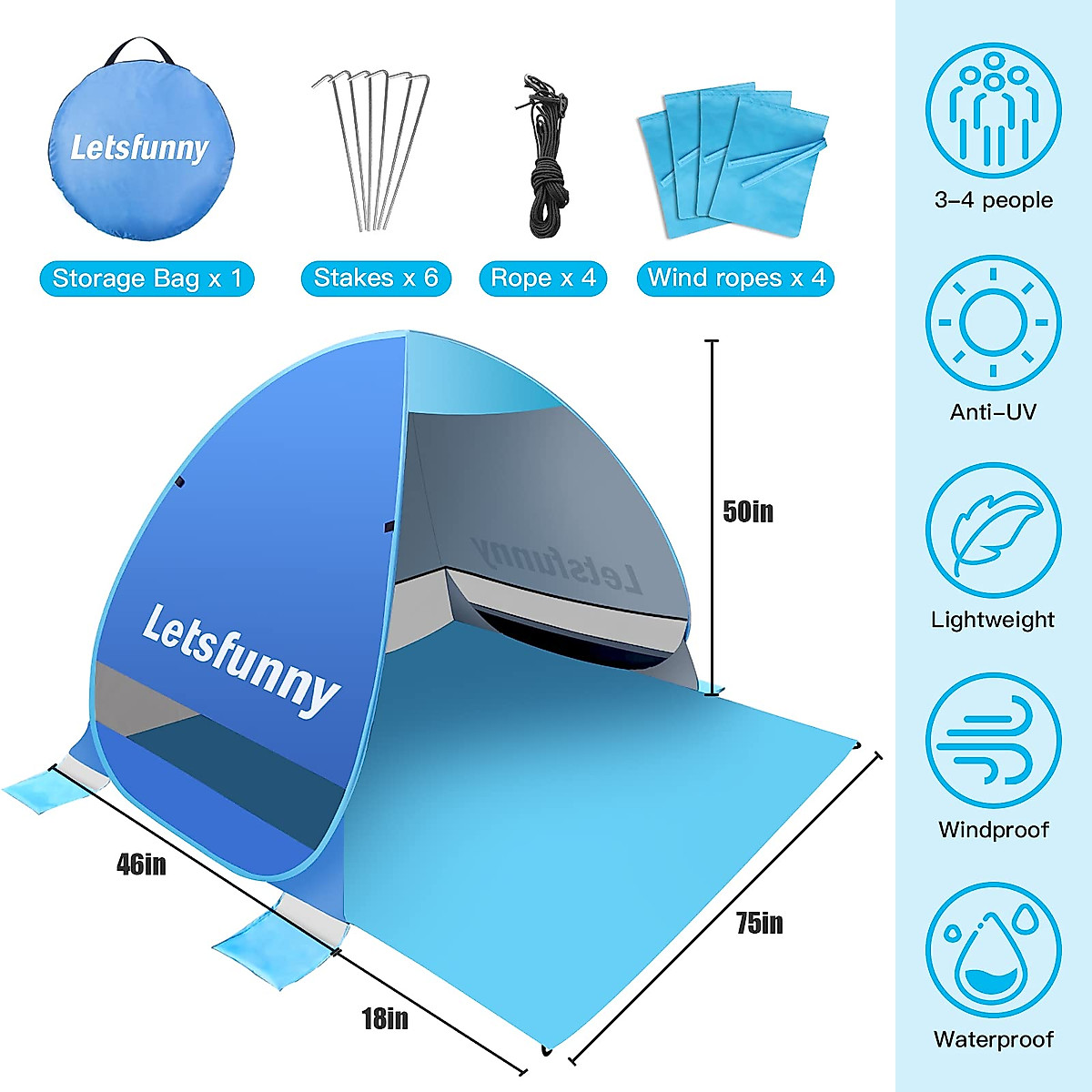 LetsFunny Large Pop up Beach Tent Sun Shade Shelter, UPF 50+ Pop-up 3-4 Person Outdoor Beach Tents Shelter Automatic Portable Sport Sun Umbrella Anti UV Baby Tent,Suitable for Family …