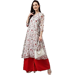 Janasya Indian Women's White Chiffon Lurex Floral Printed flared Kurta