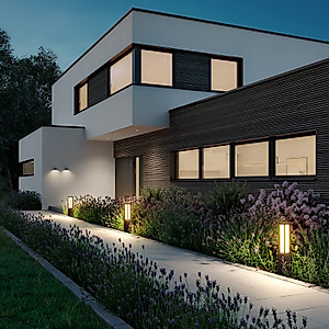 Linkmoon Solar Landscape Path Light, Stainless Steel 3W 350LM Luxury LED Lighting, 32 Inches Modern Outdoor Bollard Lighting for Lawn, Patio, Courtyard and Driveway Decoration