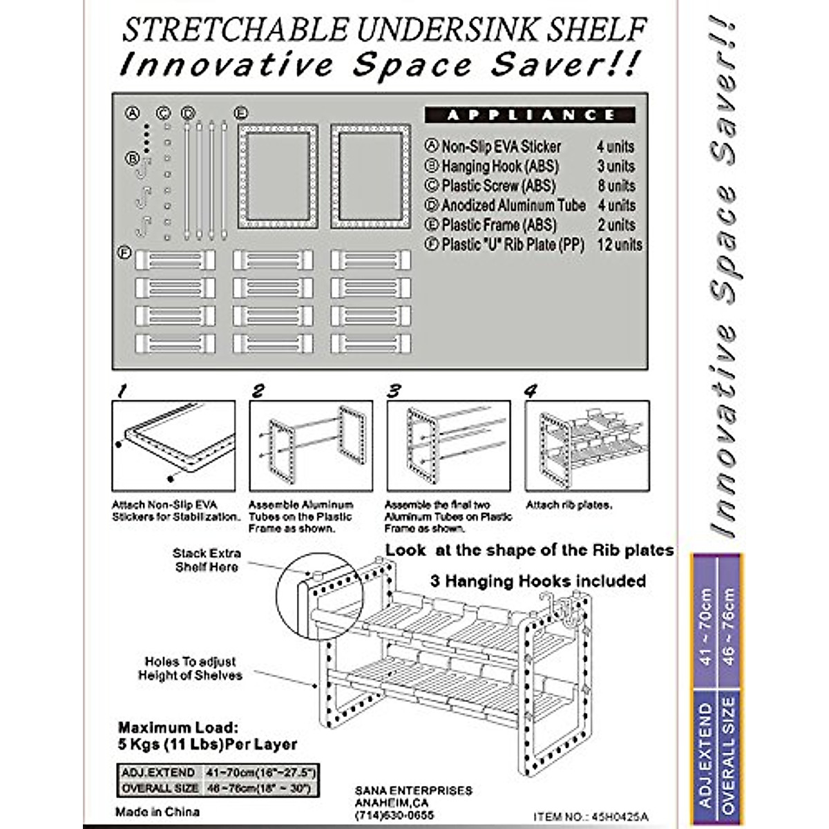Our under sink storage shelf creates organization space, can custom fit both height and width, goes around pipes, and gets you organized