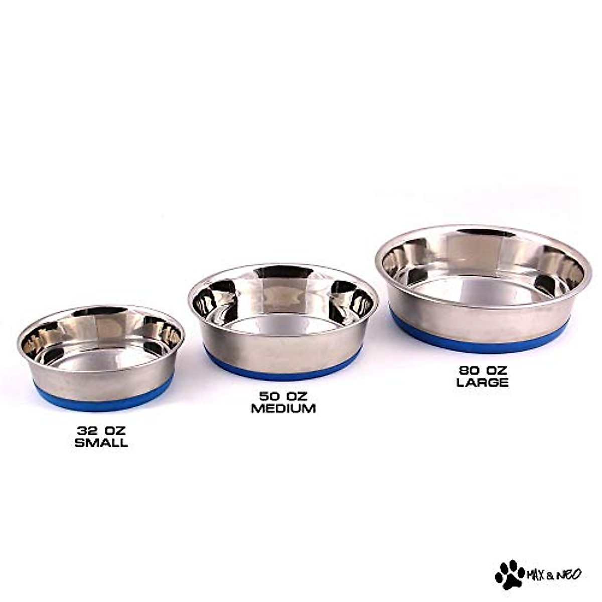Max and Neo Heavyweight Non-Skid Rubber Bottom Stainless Steel Dog Bowl - We Donate a Bowl to a Dog Rescue for Every Bowl Sold (Medium - 50oz - 8" Diameter)