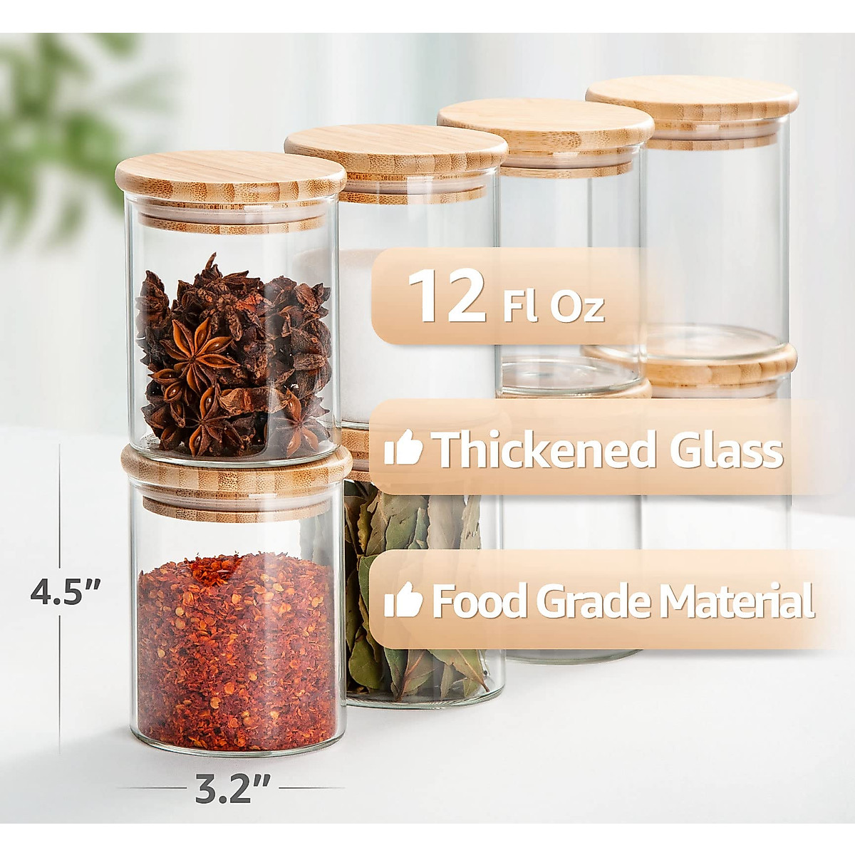 COCOYA 12 FL Oz Glass Jars with Bamboo Lid Set, 8Pack UPGRADE Clear Food Storage Canisters Kitchen Pantry Containers, for Spice Herb Nuts Tea Seed Seasoning Dry Foods Bean Sugar Snack Candy