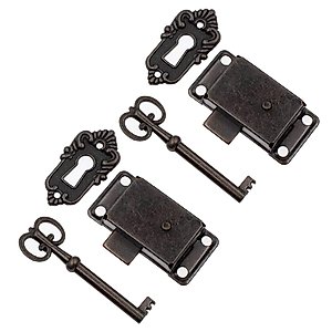 Kyuionty 2 Sets Skeleton Key Lock Decorative Antique Red Bronze Cabinet Lock with Key for Chest Cupboard Furniture