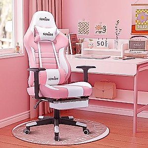 Game Chair with Footrest - Pink Gaming Chair with Massage, Swivel Ergonomic Video Gamer Chairs Leg Rest Height Adjustable Headrest Lumbar Support Backrest Recliner Esports for Adult