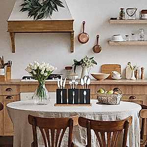 CHONIC Farmhouse Silverware Holder, Rustic Wood Silverware Caddy with Tray, Spoon Fork Knives Flatware Dispenser, Utensil Countertop Organizer, Plastic Cutlery Holder for Kitchen Party (Black)