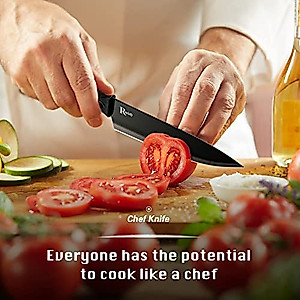 Randalfy Kitchen Knife Set with Block, 7 Pieces Chef Knife Set with Knives, Scissor, Block for Meat/Vegetables/Fruits Chopping, Slicing, Dicing&Cutting