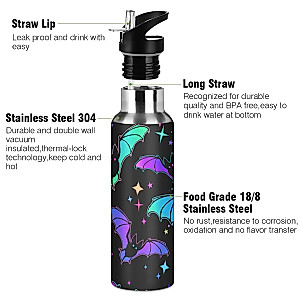 Yasala Halloween Water Bottle Bat Star Neon Coffee Thermos Stainless Steel Insulated Beverage Container 20 oz with Straw Lid BPA-Free for Sport, Travel, Camping, Back to School