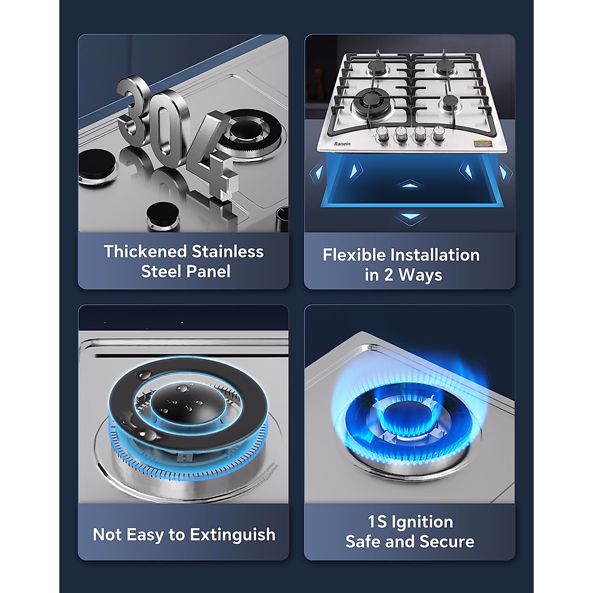 Ranein 2-Burner Gas Cooktop, 12-Inch Gas Stove Top Compatible with Thermocouple Protection, Built-in Gas Stove, 304 Stainless Steel Panel, Compatible with NG&LPG for Apartment and Indoor