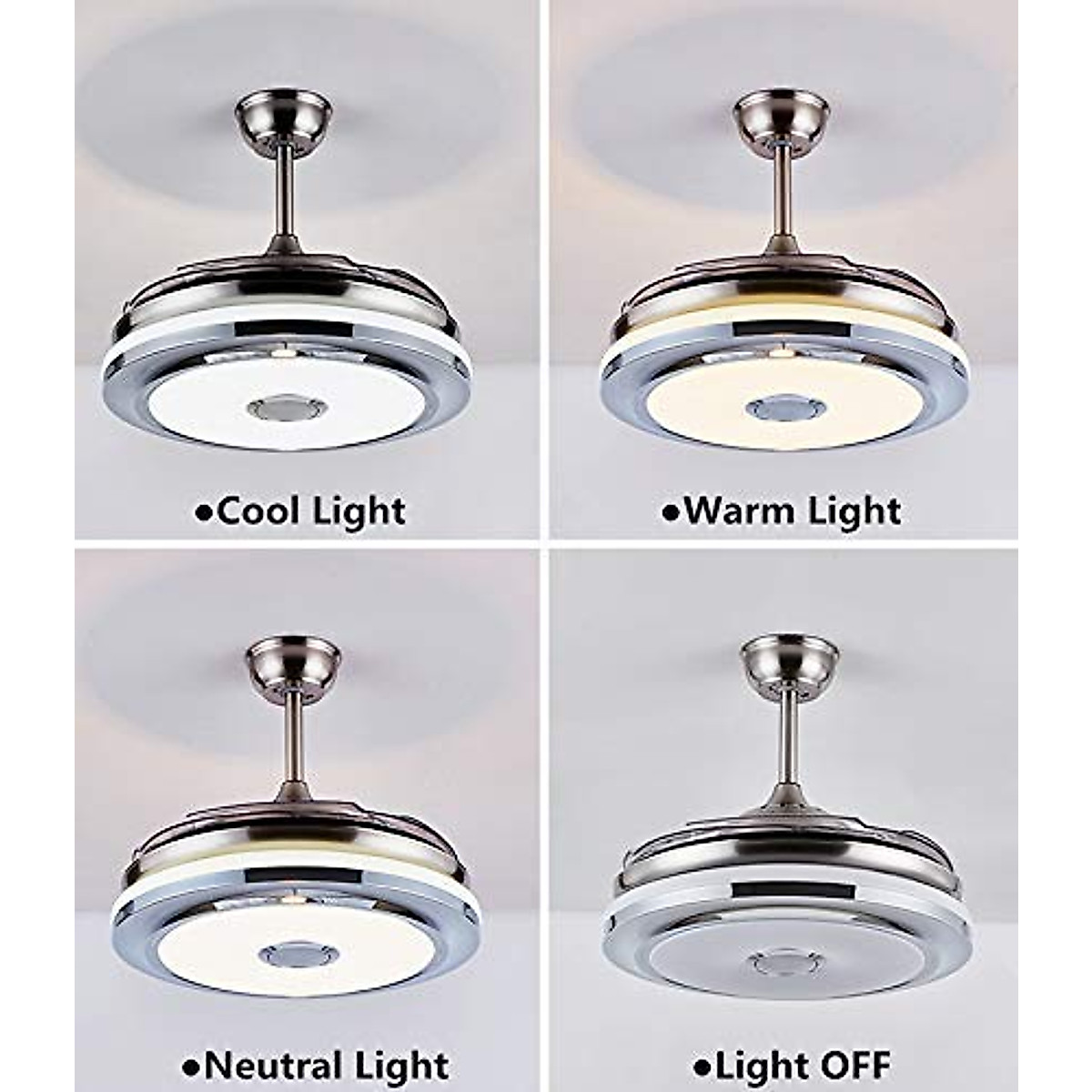 Fandian 42'' Modern Smart Ceiling Fans with Light,Bluetooth Speaker Music Player Chandelier, 3 Colors 3 Speeds Retractable Blades with Remote Control, Silent Motor with LED Kits (42in-Silver1)