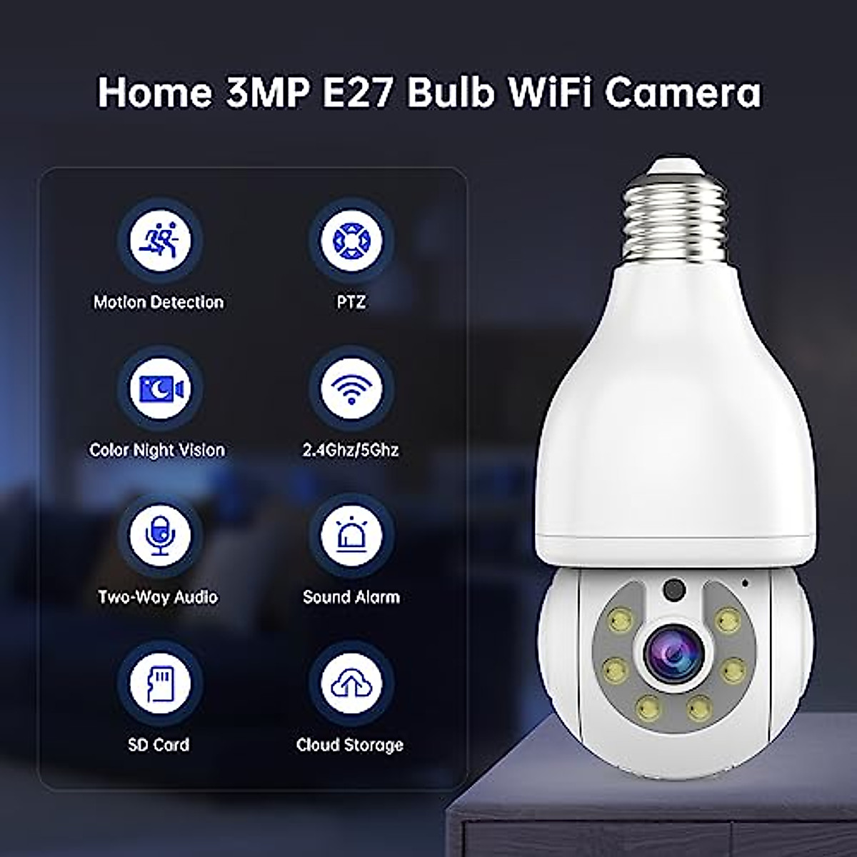 2K HD Light-Bulb Security Camera, Wireless 2.4G&5Ghz Wifi, Work With NVR & 3rd Party Software, RTSP Stream, Work With Alexa, 360° View, Auto Tracking, 2 Way Audio, Motion Detection, Remote View