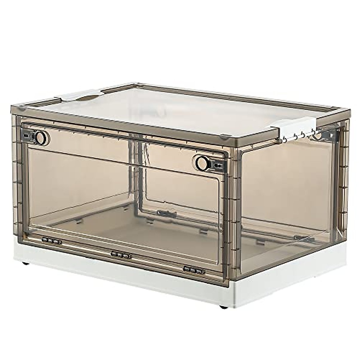 56 Quart Collapsible Storage Bins with Lids, Clear Stackable Lidded Storage Box with Wheels, Plastic Storage Container with 2 Doors, Storage Organizer with Attached Lid (Extra Large, Brown)