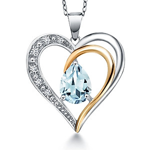 Gem Stone King 925 Sterling Silver and 10K Yellow Gold 8X6MM Pear Shaped Gemstone Birthstone & Lab Grown Diamond Heart Necklace | Love Pendant Necklace for Women By Keren Hanan