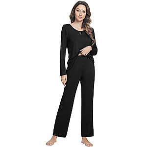 NACHILA Pajamas Set for Women Long Sleeve Pjs Soft Sleepwear Comfy Loungewear Sets with Pants, Viscose Made from Bamboo Black XX-Large