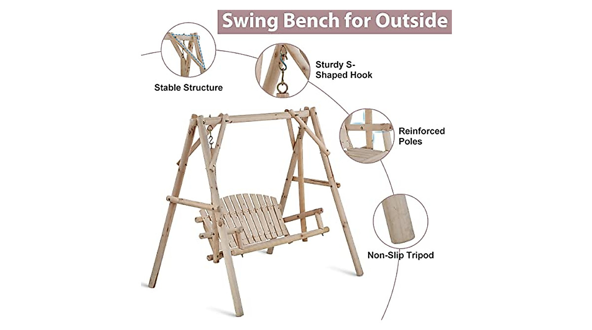 Outdoor Wooden Porch Swing 67-Inch Log Swing with Stand