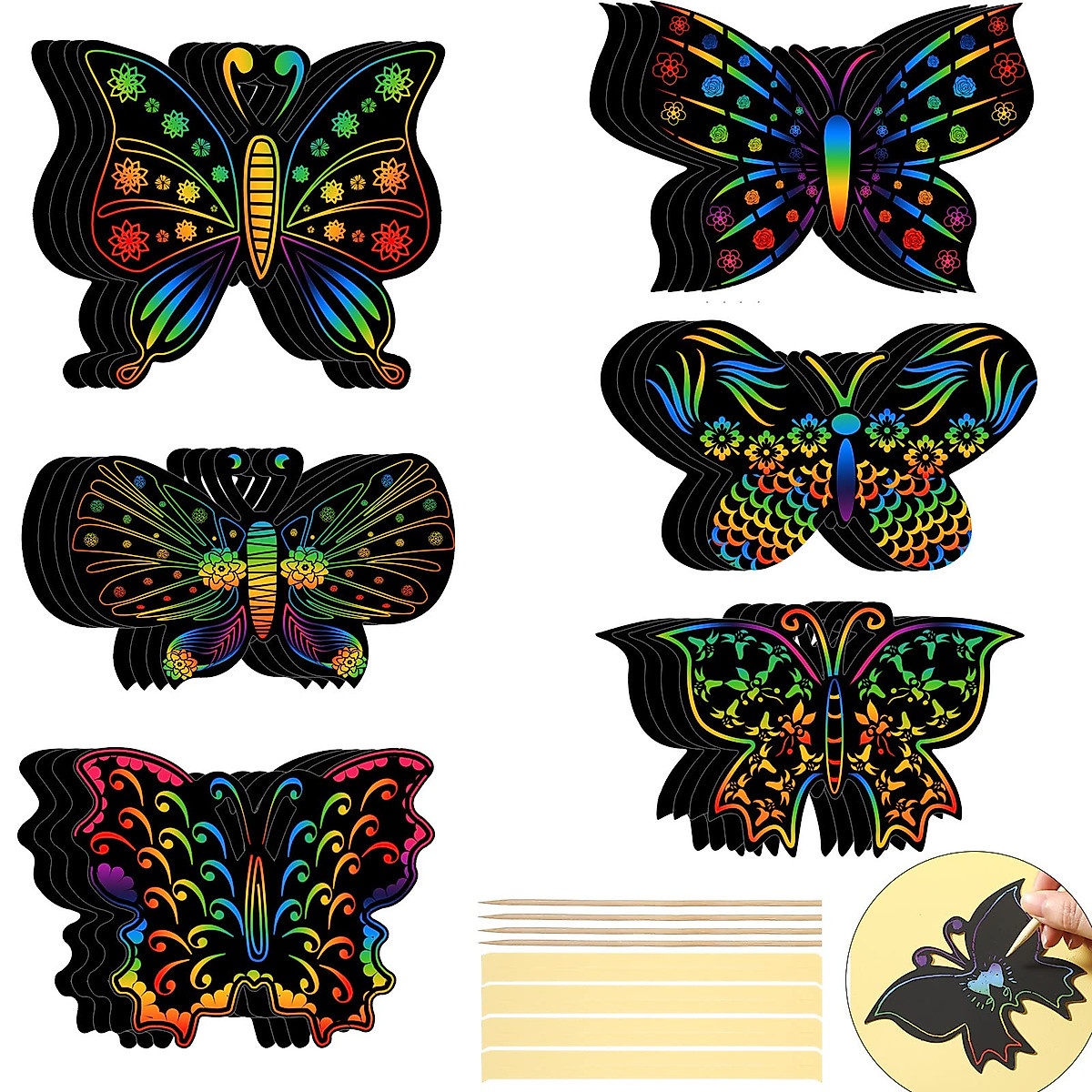 Landhoow Butterfly Scratch Cards for Kids Scratch Crafts Art Card Rainbow Summer Scratch Card Butterfly Party Favors for DIY Crafts Home Decoration Project, 6 Styles (24 Pcs)