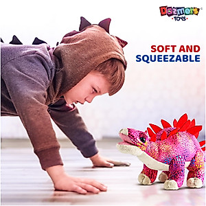 BUILD ME Plush Dinosaur Stuffed Animal Set of 4 Soft Dinosaurs, 12" Stuffed Dinosaur Set Includes T-Rex Brachiosaurus Stegosaurus and Triceratops Toys for Boys, Volcano Toys for Kids 3-5