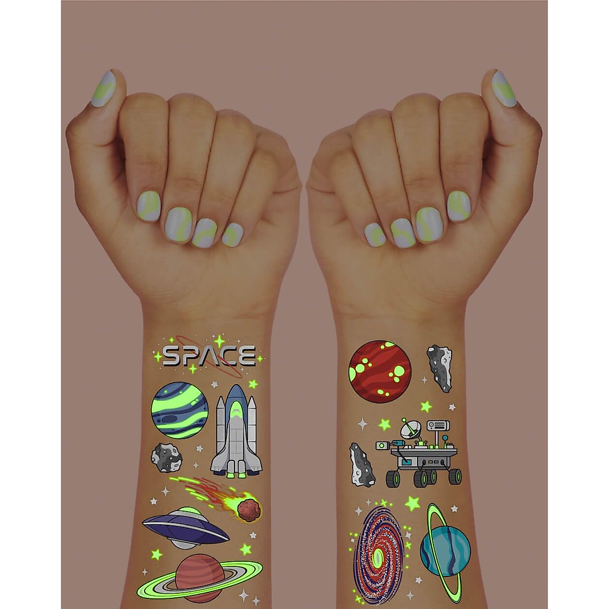xo, Fetti Space + Planets Glow in Dark Temporary Tattoos for Kids - 50 pcs | Alien Birthday Party Supplies, Astronaut Favors + Rocket ship Decorations