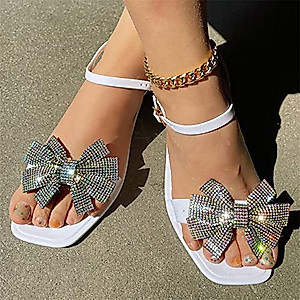 Nine Sandals for Women Size 5 Women Shoes Fashion Bright Diamond Bowknot Bright Diamond Sandals Flash Diamond One Foot (White, 6.5)