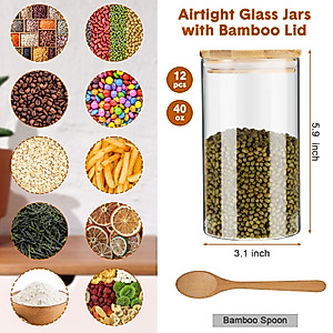 12 Sets Glass Jars with Bamboo Lid and Spoon 23 oz Clear Canisters with Airtight Wooden Lid for Coffee Beans Sugar Flour Nuts Spice Candy Loose Tea Food Kitchen Storage
