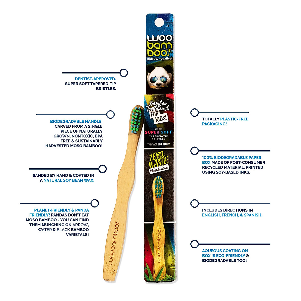 Woobamboo! Kid's Bamboo Toothbrush - Super Soft BPA Free Nylon Bristles - Eco-Friendly, Biodegradable, Compostable, Vegan (Pack of 2)