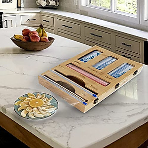 4UKIT Ziplock Bag Storage Organizer Bamboo 6 in 1- Plastic Wrap and Foil (12,4" Roll) Dispenser with Cutter-Suitable for Snack, Gallon, Quart & Sandwich Bag- Kitchen,Pantry,Cabinet,Drawer Organizer