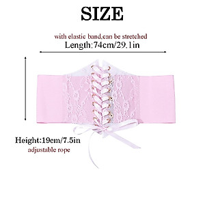 BODIY Women Lace Corset Belts Pink Elastic Cinch Belt Tied Waspie Wide Waist Bustiers for Dress Costume Dance Halloween Rave Accessory