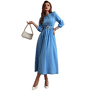 WDIRARA Women's Polka Dots Puff 3/4 Sleeve A Line Pleated Belted Flare Cocktail Long Dress Blue L