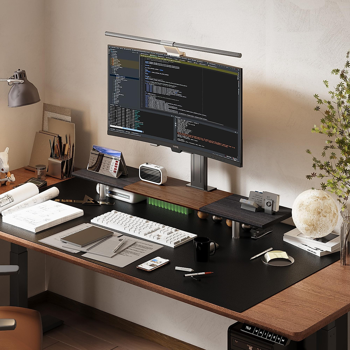 Fenge Dual Monitor Stand Riser, 39.4 Inch Height Adjustable Monitor Riser for Desk, Wood & Steel Monitor Stands for 2 Monitors , Desk Shelf for Computer,Laptop,Printer,TV, Brown