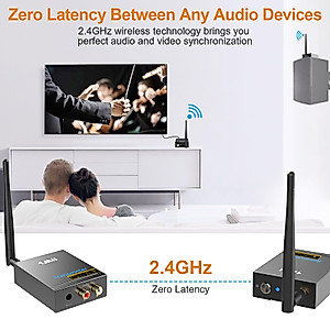 1Mii 2.4Ghz Wireless Audio Transmitter Receiver for TV, 320ft Long Range 20ms Low Delay 192kHz/24bit HiFi Audio, Wireless Adapter Kit for Subwoofer/Powered Speaker/Stereo/Soundbar, RCA(3.5mm)Out/input