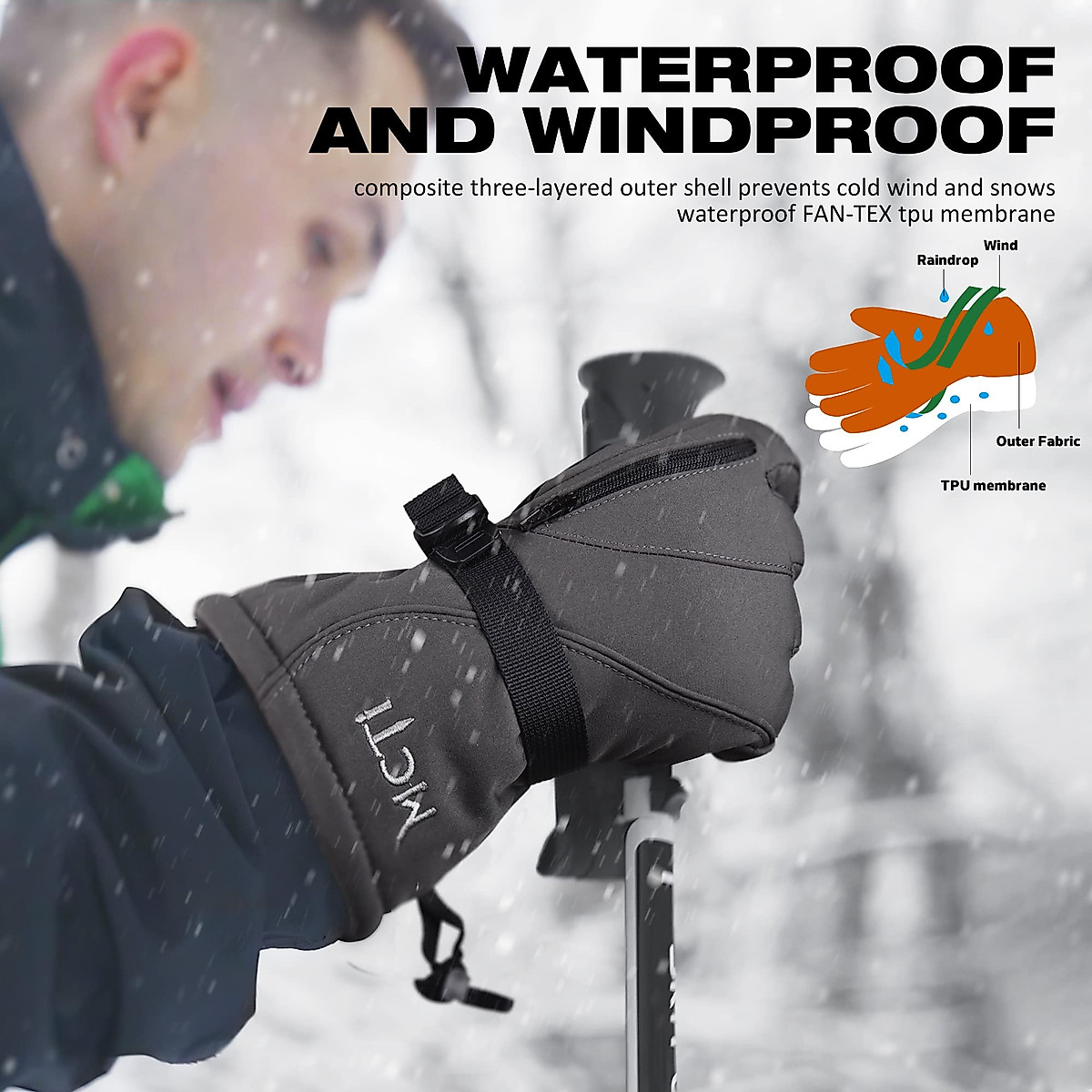 MCTi Waterproof Mens Ski Gloves Winter Warm 3M Thinsulate Snowboard Snowmobile Cold Weather Gloves Grey Large