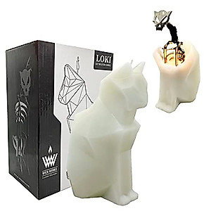 Wick Works Loki Cat Skeleton Candle | Reveal Polished Steel Frame | 7” H | Longest Burn Time! | Beautiful Gift Box | Home or Office Decor| Unique Gifts for Cat, Animal, Art Lovers (White, Unscented)