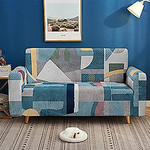 HOSIMA Geometric Irregularity Sofa Covers for 4 Cushion Couch,Blue and Grey X-Large Couch Slipcover,Printed Stretch Washable X-Large Slipcover Furniture Protector for Living Room,X-Large(93-118 inch)