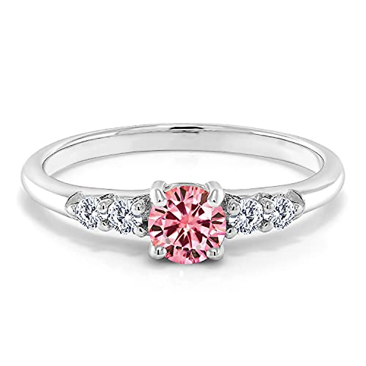 Gem Stone King 925 Sterling Silver 5MM Round Gemstone Birthstone and White Lab Grown Diamond Engagement Ring | Wedding Anniversary Promise Ring For Women | Available In Size 5, 6, 7, 8, 9