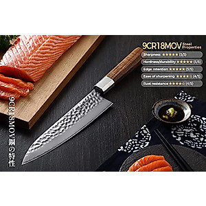 KEEMAKE Japanese Knife Gyuto Chef Knife 8 inch Kitchen Knife, Hand Forged Sharp Knife 3 Layer 9CR18MOV High Carbon Steel Cooking Knife with Octagonal Rosewood Handle