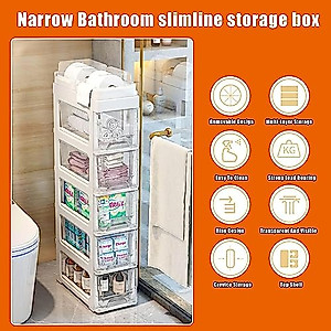 Bathroom Storage Cabinet with Doors and Shelves, Toilet Paper Storage, Waterproof Toilet Paper Storage Organizer, Narrow Storage Cabinet for Bathroom Storage,5 Tier,White top Tissue Box (5 Tier Brown