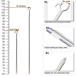 Long Pole with Hook Reach Stick Closet Pole 45" Extendable Pole with Long Handle for High Reaching Closet Rods, Window Curtain, Top Ceiling