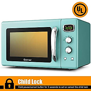 COSTWAY Retro Countertop Microwave Oven, 0.9Cu.ft, 900W Microwave Oven, with 5 Micro Power, Defrost & Auto Cooking Function, LED Display, Glass Turntable and Viewing Window, Child Lock