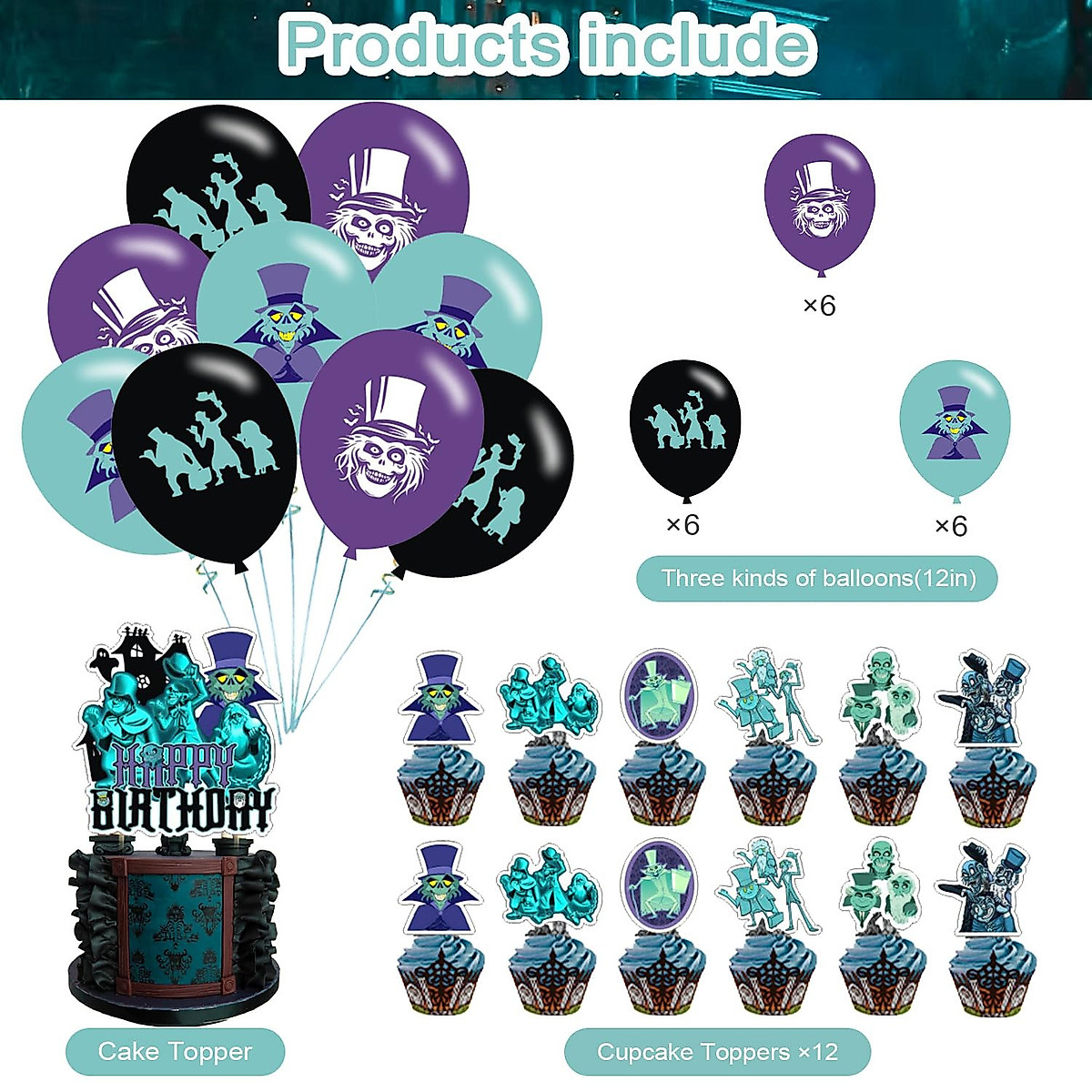 𝓗𝓪𝓾𝓷𝓽𝓮𝓭 𝓜𝓪𝓷𝓼𝓲𝓸𝓷 Party Decorations, Birthday Party Supplies from 𝓗𝓪𝓾𝓷𝓽𝓮𝓭 𝓜𝓪𝓷𝓼𝓲𝓸𝓷 Party Supplies include Banners - Cake Toppers - 12 Cupcake Toppers - 18 Balloons