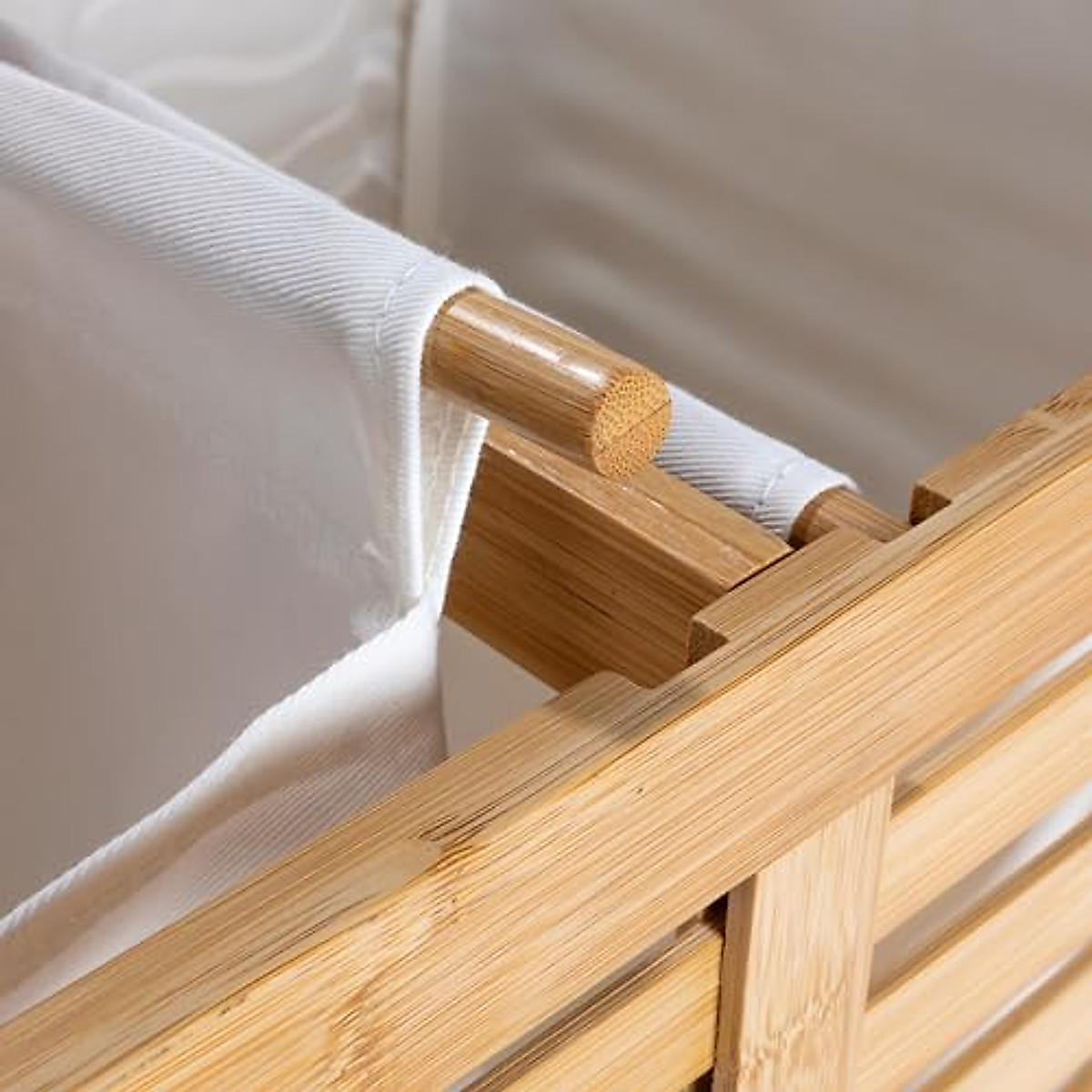 Household Essentials Bamboo and Cotton Double Laundry Sorter with Lid and Removable Cotton Bags, Natural