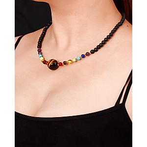 Jewever 7 Chakra Crystal Necklaces Healing Gem Stone Pendant Choker Necklace for Women Tiger Eye with Lava Rock Essential Oils Diffuser Energy Crystals Adjustable Strand（Yellow）