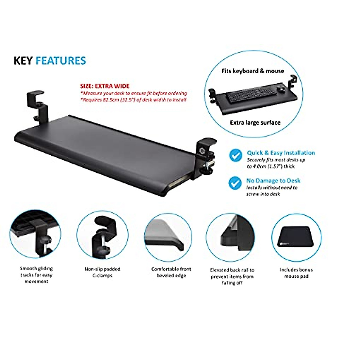 ErgoActive Extra Wide Under Desk Keyboard Tray with Clamp On Easy Installation, Fits Full Size Keyboard and Mouse, Office, Home, School, Gaming Keyboard Tray (32" x 12.2")