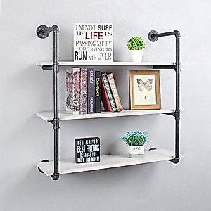 LENGEN Industrial Floating Shelves Wall Mount,36in Rustic Pipe Wall Shelf,3-Tiers Wall Mount Bookshelf,DIY Storage Shelving Floating Shelves,Wall Shelving Unit,Wall Book Shelf for Home,Vintage White